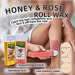 Roll on Waxing Kit for Hair Removal, Roll Waxing Kit for Women Men, Wax Heater with 2 Wax Roller Cartridge Refill for Legs Arms and Underarm(Wax Heater 1, Wax Paper 100, Pre&After Wax Oil)