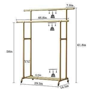 BOSURU Double-Rod Gold Clothes Racks, Industrial Pipe Clothing Rack with Wheels, Garment Rack with Shelf and 2 Side Rods, Loads up to 220 lb, for Bedroom, Clothing Store, Gold