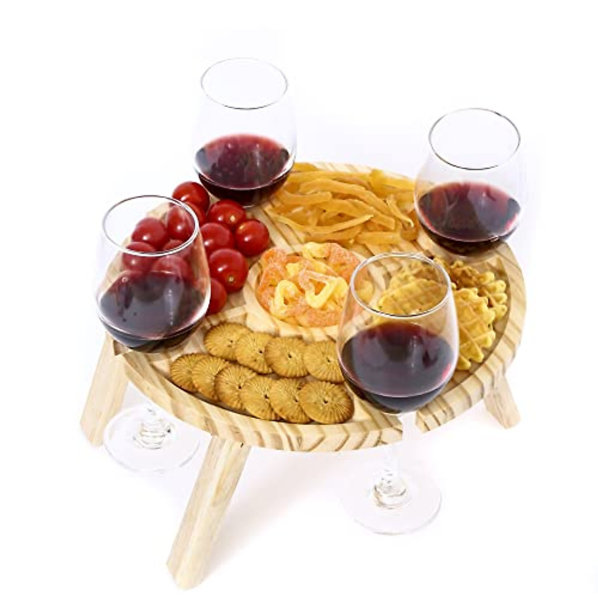 YWMSGM Outdoor Folding Picnic Table, Wooden Portable Cheese Tray or Fruit Snack Compartment Tray with 4 Wine Glass Holders, No Assembly Required, Suitable for Potluck Camping, Beach Concert