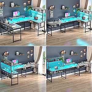 Unikito U Shaped Computer Desks with Hutch, 106 Inch Large Reversible L Shaped Office Desk with Power Outlets and LED Strip, U Shape Gaming Table with Monitor Stand and Storage Shelves, White Oak