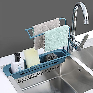 Kitchen Sink Organizer,Telescopic Sink Holder, Expandable Dish Caddy Sponge Soap Drying Rack, Drain Basket Tray Caddy Shelf Organizer Scrubber and Adjustable Hanger with Towel Bar