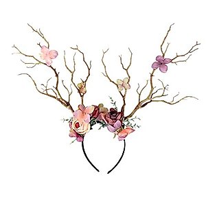 XIDAJIE Deer Antler Flower Crown Headbands Halloween Chritmas Long Antler Flower Branches Headband Props Horns Headpieces Hair Band Photo Shoot Forest Goddess Headdress Headwear, Light Brown