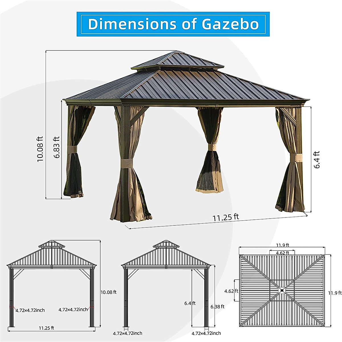 Evedy Gazebo 12x12, Hardtop Gazebo Canopy with Galvanized Steel Double Roof, Aluminum Frame, Permanent Pavilion Outdoor Gazebo with Netting and Curtains for Patio, Garden, Backyard, Deck, Lawn