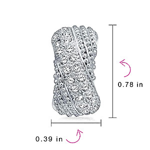 Bridal Prom Criss Cross Twisted Row Pave Crystal Dome Half Hoop Clip On Earrings Non Pierced Ears Silver Plated Brass