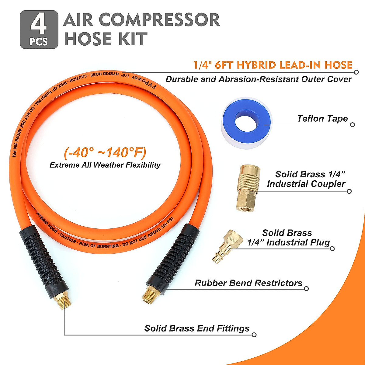 FYPower Air Compressor Whip Hose 1/4 Inch x 6 Feet Lead in Hybrid Hose with Fittings, Flexible and Kink Resistant, 1/4" Industrial Quick Coupler and Plug Kit