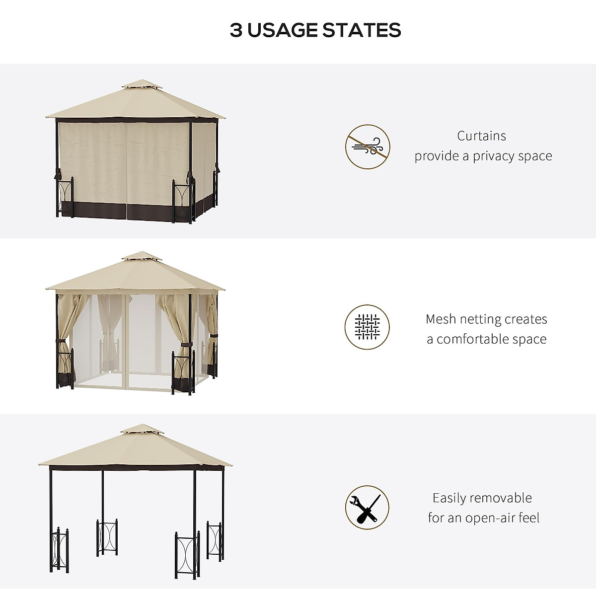 Outsunny 11' x 13' Patio Gazebo, Double Roof Outdoor Gazebo Canopy Shelter with Netting & Curtains, Steel Corner Columns for Garden, Lawn, Backyard and Deck, Beige