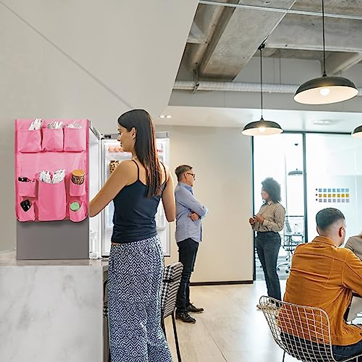 Extended Mini Fridge Caddy Organizer- 55" x 16.5" Dorm and Office Over the Fridge Caddy Organizer with 11Pockets for Flatware Drink Paper Goods- Over the Fridge Storage Organizer for Dorm Office, Pink