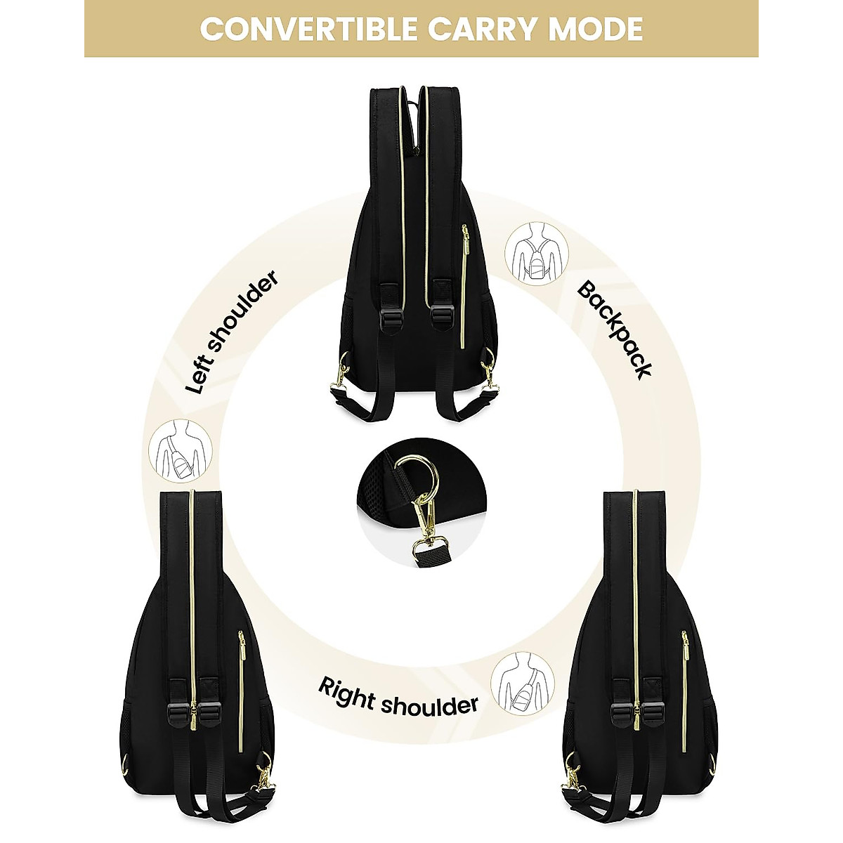 LOVEVOOK Sling Bag for Women, Sling Backpack Crossbody Bag Convertible, Small Diaper Bag Hiking Daypacks Water-resistant, Travel Shoulder Bag Chest Bag, Black