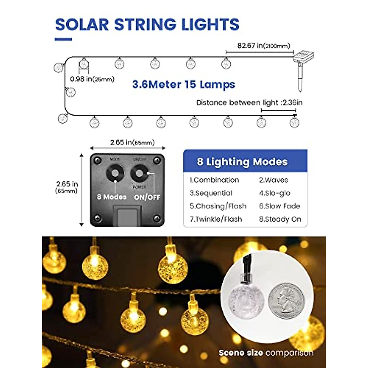 Bryopath Solar String Lights Outdoor, Solar Xmas Tree Lights, Crystal Globe Lights with 8 Lighting Modes, Waterproof Solar Powered Patio Lights for Garden Yard Porch Wedding Party Decor Halloween