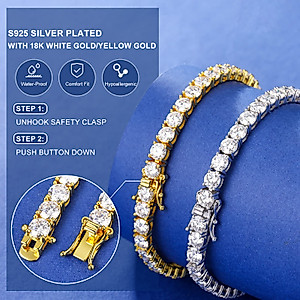 Moissanite Tennis Bracelet 12 Carats 6.5 Inch Diamond Tennis Bracelets for Women Men, 18k Yellow Gold Plated 925 Sterling Silver Diamond Bracelet, 4MM D Color VVS1 Round Brilliant Cut Lab Created Moissanite Bracelet with GRA Certificate Mother's Day Gift