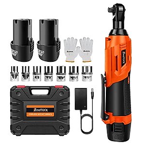 HSHa Cordless Electric Ratchet Wrench Set, 3/8" 12V Power Ratchet Driver w/Safe Lock Switch & LED Light, 7 Sockets, 2-Pack Lithium-Ion Batteries and 60-Min Fast Charge