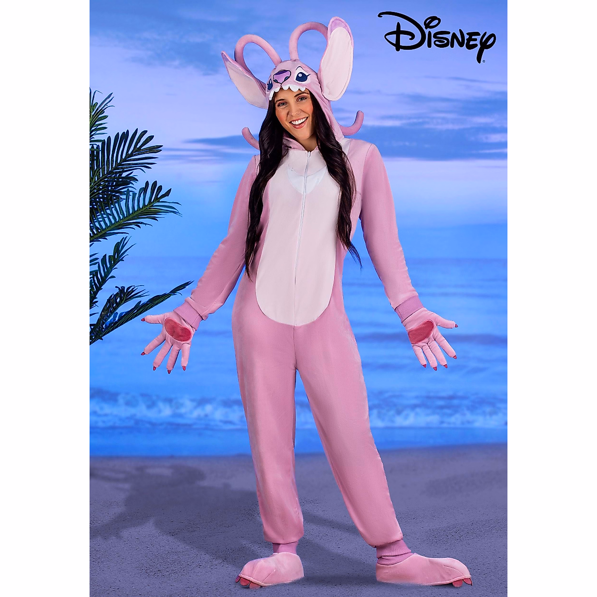 Fun Costumes Disney Lilo and Stitch for Adults, Women's Angel Onesie Outfit with Character Hood, Gloves, and Shoe Covers Medium Pink