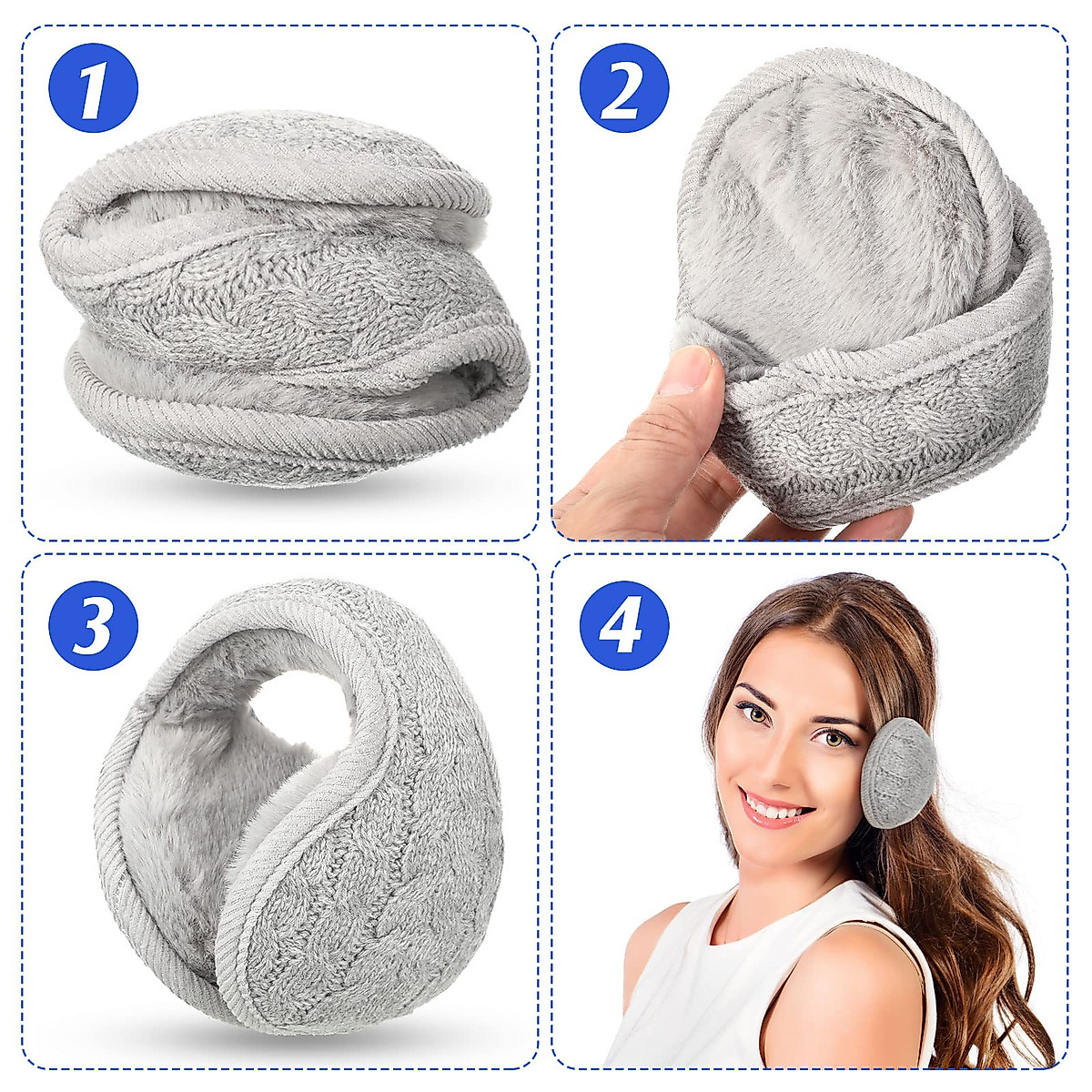 Syhood Foldable Ear Warmers Adjustable Knitted Earmuffs with Fuzzy Fleece Lining Unisex Furry Winter Earmuffs (Black, Grey, Heather Grey,3 Pieces), Adult size