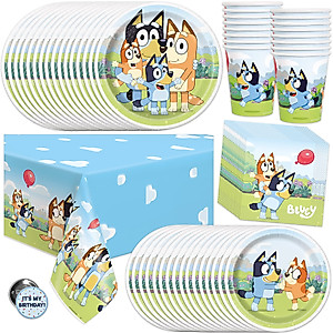 Unique Bluey Birthday Party Supplies | Bluey Party Supplies | Bluey Birthday Decorations | Bluey Party Decorations | With Bluey Tablecover, Bluey Plates, Bluey Cups, Bluey Napkins, Button