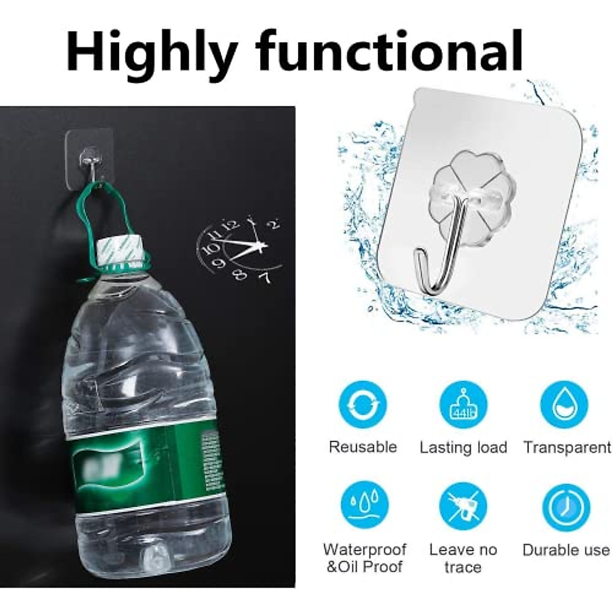 YAWALL 10 Pack Wall Hooks for Hanging 44lb(Max), Transparent Reusable Seamless Heavy Duty Hooks, Waterproof and Oilproof, Bathroom Kitchen Self Adhesive Hooks