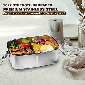 SUBRON Stainless Steel Bento Box with Removable Divider, 1100ML 2 Compartment Metal Lunch Box 100% Leak Proof Food Containers with Secure Locks, Fits in Lunch Bag & Backpack