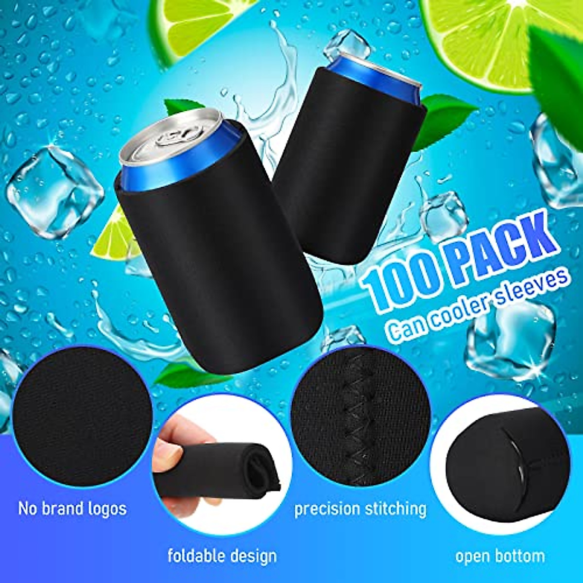 100 Pack Black Blank Can Cooler Sleeves Bulk Collapsible Can Covers Neoprene Insulated Drink Insulator Sleeve Reusable Personalized Sublimation Sleeves for Soda Water Bottle Weddings Party