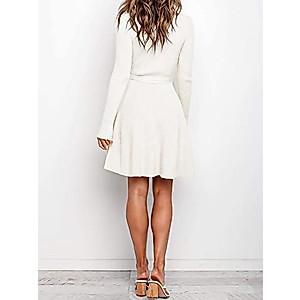 ANRABESS Womens Sweater Dress Long Sleeve A Line Crewneck Slim Fit Tie Waist Casual 2023 Fall Fashion Outfits Clothes Midi Swing Bodycon Ribbed Knit Mini Short Dress with Belt 669mibai-M White