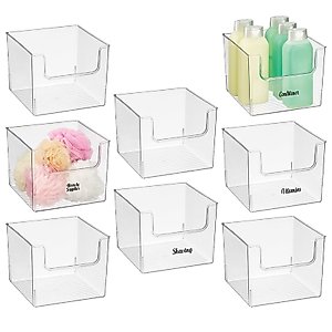 mDesign Deep Plastic Home Storage Organizer Bin - Container for Bathroom - Open Front Design - 8 Bins + 32 Labels - Clear