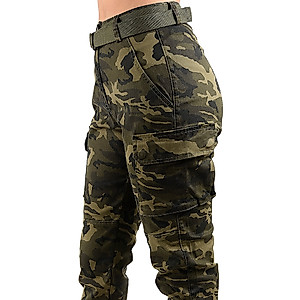 Lovely Curves Women's Trendy Fashion High Waist Belted Cargo Jogger Pants with Spandex (Medium, Olive Camo_rjj2036)