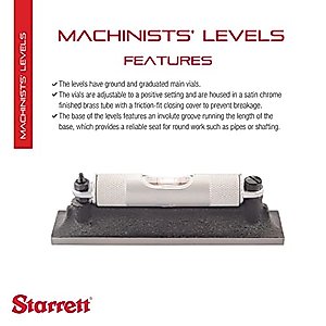 Starrett Machinists' Level with Ground and Graduated Main Vial - Ideal for Machine Shop and Tool Room Use - 4" (100mm) Length, Without Case and Cross Test Vial - 98-4