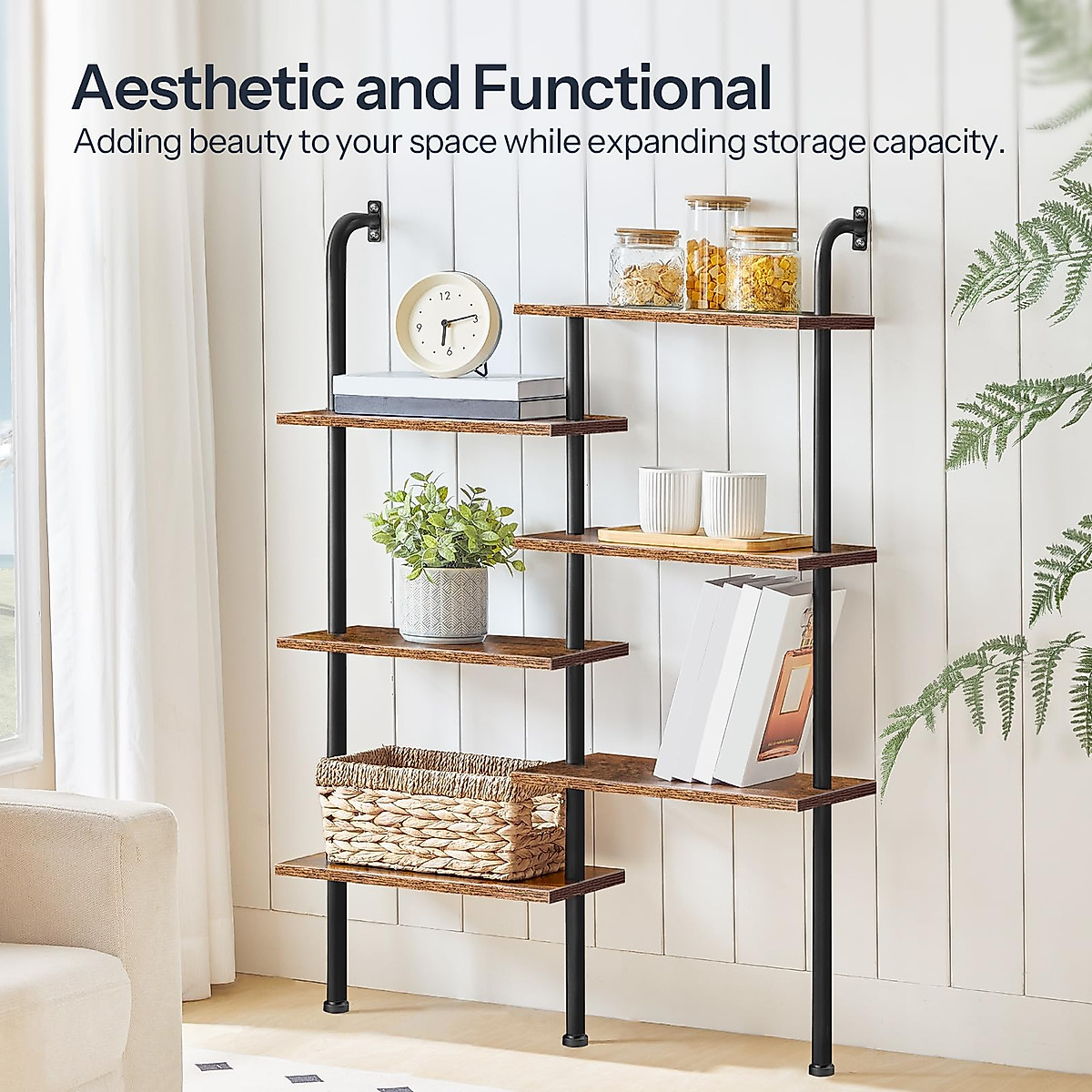 HOOBRO L-Shaped Ladder Shelf, 6-Tier Corner Bookshelf, Corner Wall Mount Bookcase, Display Shelf for Small Spaces, Anti-Tip Design, for Living Room, Balcony, Study, Rustic Brown and Black BF76CJ01