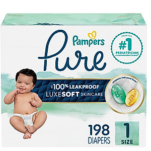 Diapers Size 1, 198 Count - Pampers Pure Protection Disposable Baby Diapers, Hypoallergenic and Unscented Protection (Packaging & Prints May Vary)