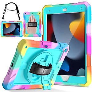LTROP Case for iPad 9th/ 8th/ 7th Generation (2021/2020/2019), Shockproof 10.2” iPad Cover with Shoulder Strap Pen Holder Swivel Stand, Aqua Teal