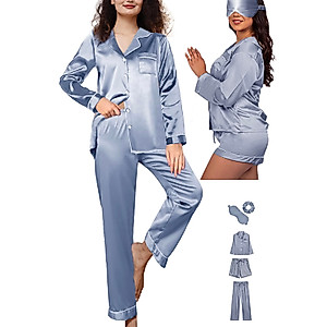 WJing Yi Jia 5Pcs XS-XXL Womens Silk Satin Pajamas Sets Long Pj Sets Button Down Pjs Set Loungewear Sleepwear