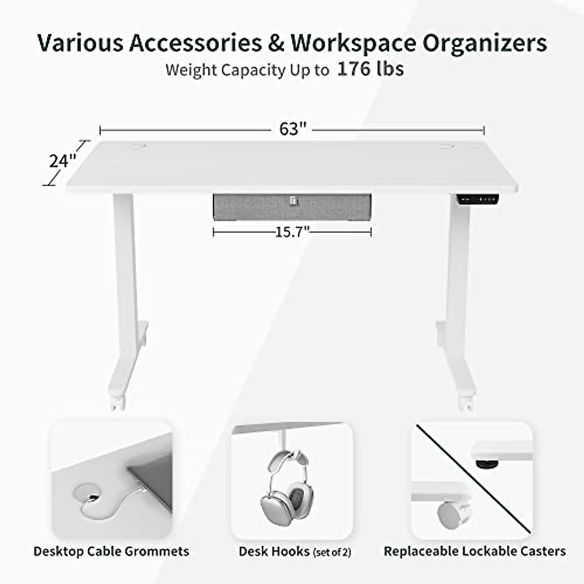 FEZIBO Standing Desk with Drawer, Adjustable Height Electric Stand up Desk, 63 x 24 Inches Sit Stand Home Office Desk, Ergonomic Workstation White Steel Frame/White Tabletop