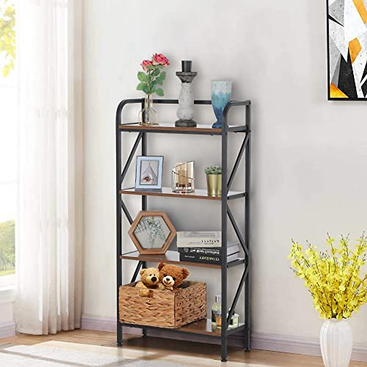 MAISON ARTS 4 Tier Bookshelf, 47" Free Standing Bookcase, Modern Metal Frame Book Shelf for Living Room Home Office, Rustic Brown