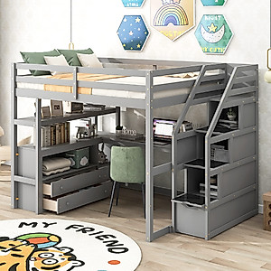 Harper & Bright Designs Gray Full Loft Bed with Staircase and Desk, Wooden Full Size Loft Bed with Storage Shelves & 2 Drawers, Full Loft Bed Frame with Step for Kids Boys Girls Teens