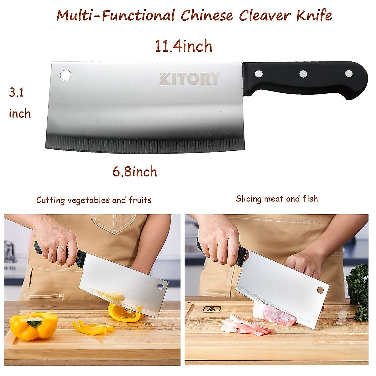 Kitory Cleaver Knife - German Steel Chopper Slicer - Super Sharp Full Tang Chinese Chef's Knife, Kitchen 2023 Gifts For Women and Men