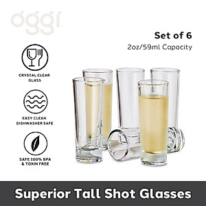 Oggi Tall Shot Glasses w/Heavy Base, Set 6 - Real Glass Shot Glass Set, Cool & Classic Design Ideal Groomsmen Gifts, Tequila Shot Glasses, Bachelor Party Favors for Men - 2oz / 59ml
