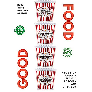 ONONEXPRESS Modern Style Reusable Plastic Popcorn Box/Popcorn Containers/Popcorn Bowls Set for Movie Theater Night - (BPA Free - Red/White 4 Pack-75 oz)