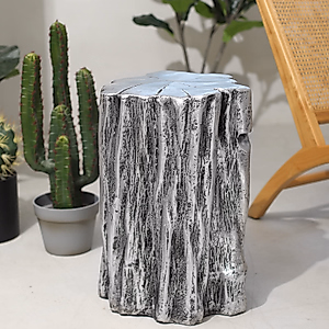 Tree Stump Trunk Side End Table, Faux Wood Patio Table, Garden Stool, Plant Stand, for Indoor Outdoor Courtyard Living Room, 14"X14"X20", Silver