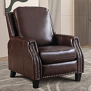 CANMOV Genuine Leather Recliner Chair, Classic and Traditional Push Back Recliner Chair with Solid Wood Legs, Adjustable Single Sofa with Nailhead Trim for Living Room, Bedroom, Brown