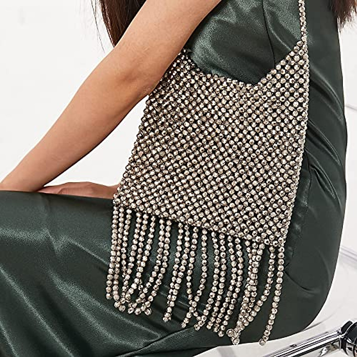 Grandxii Tote Bag with Tassel Beads shoulder Bag Chic Evening party Handmade for Women Girl Silver