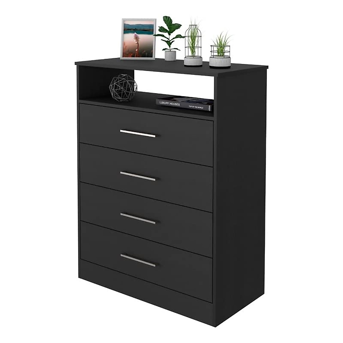 FM FURNITURE Athens Dresser with 4 Drawers, Open Shelf, and Top Surface for TVs up to 47", Black Wenge
