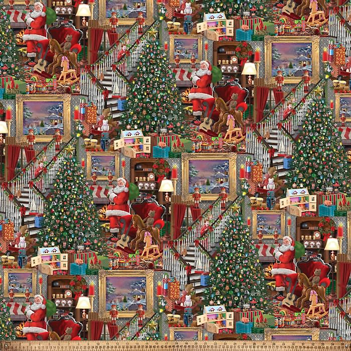 Santa & The Christmas Tree Digital Print Cotton Fabric by The Yard