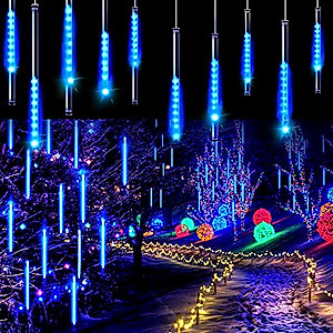 Aluan Christmas Lights Meteor Shower Rain Lights 10 Tube 240 LED 12 Inch Waterproof Plug in Falling Rain Fairy String Lights for Halloween Christmas Holiday Party Home Patio Outdoor Decoration, Blue
