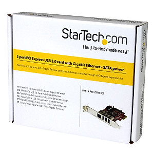 StarTech.com 3 Port PCI Express USB 3.0 Card + Gigabit Ethernet - Fits Standard & Low-Profile PCs - UASP Supported - 5Gbps - Optional SATA Power , TAA (PEXUSB3S3GE)
