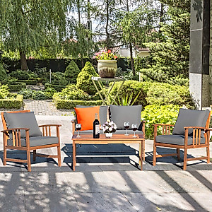 Tangkula 4 PCS Acacia Wood Patio Furniture Set, Outdoor Seating Chat Set with Gray Cushions & Back Pillow, Outdoor Conversation Set with Coffee Table, Ideal for Garden, Backyard, Poolside
