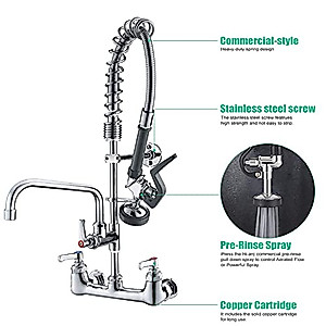 IMLEZON Commercial Wall Mount Kitchen Sink Faucets Brass Constructed Polished Chrome Pre-Rinse Device 25" Height 8" Center with Coilded Spring Pull Down Sprayer and 12" Add-on Spout