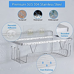 AURIKAR Shower Caddy Adhesive Shower Organizer Rack with Hooks, No Drilling Stainless Steel Wall Hanging Shower Shelf for Inside Shower Bathroom Restroom Storage, Silver 2-Pack