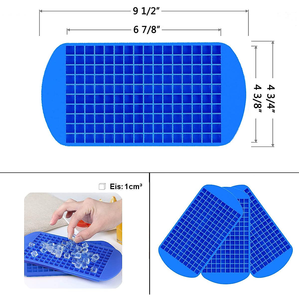 Silicone Mini Ice Cube Trays 3 Pack, 160 Crushed Ice Cube Molds Easy Release Small Ice Cube for Chilling Whiskey Cocktail, Kitchen Gadgets Stackable Ice Trays (Blue)