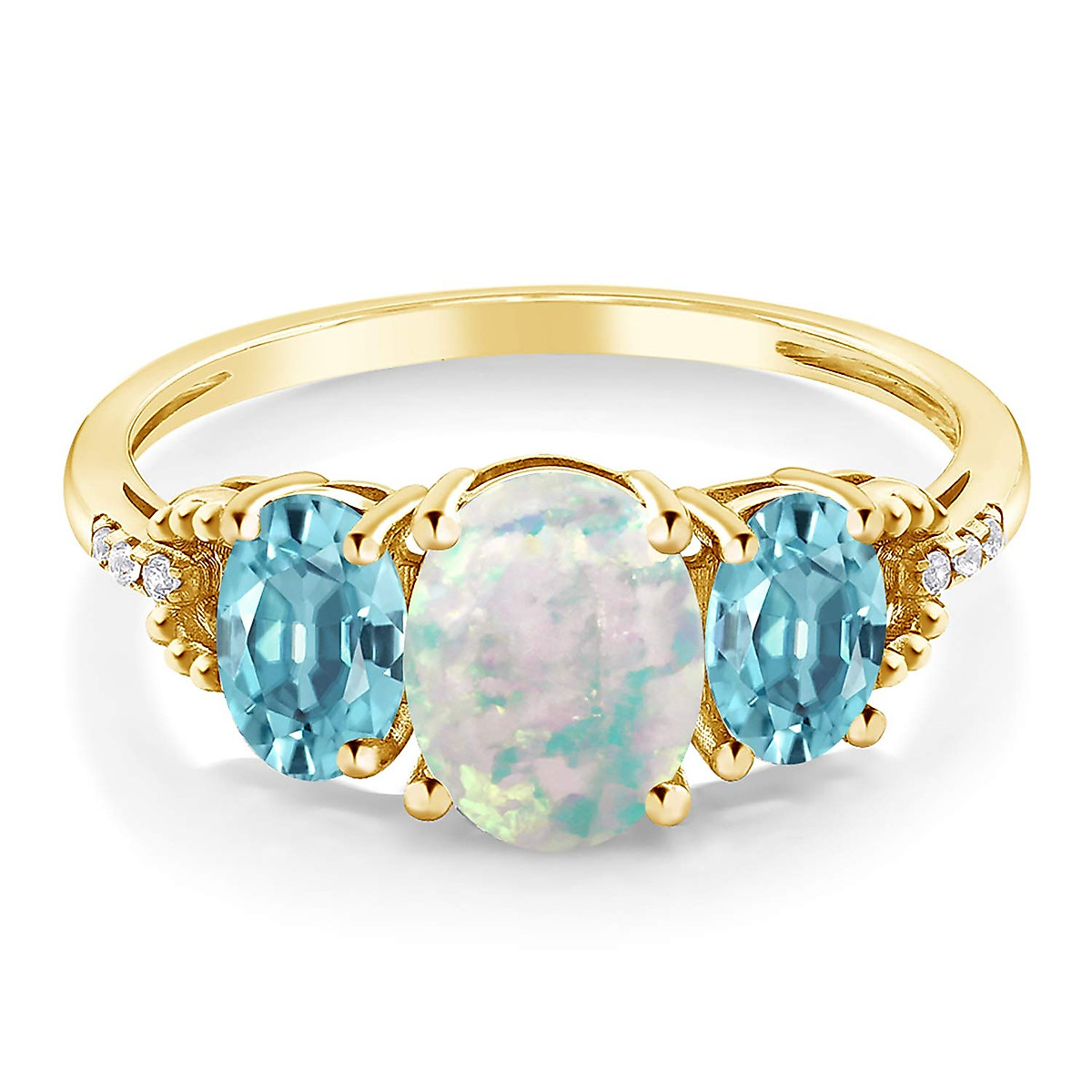 Gem Stone King 10K Yellow Gold Oval Cabochon White Simulated Opal and Blue Zircon Women Ring (2.34 Cttw) (Size 7)