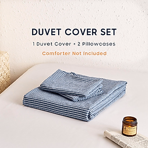 Wake In Cloud - Striped Cotton Duvet Cover Set, 100% Washed Cotton Textured Percale Bedding Set, Ticking Stripe Pinstripe Farmhouse, 3 Pieces, Denim Blue, Queen Size