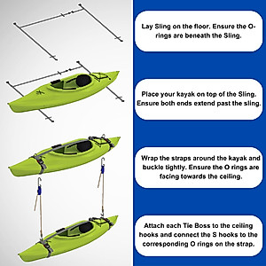 Tie Boss Kayak Hanger, Cargo Ceiling Storage, Overhead Storage, Watercraft Garage Storage, Hoist System. Green