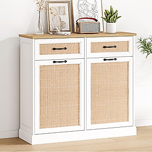 CABIHOME Rattan Double Tilt Out Trash Cabinet, Hidden Trash Can Cabinet 20 Gallon Storage, Freestanding Pet-Proof Garbage Can Cabinet Laundry Hamper for Kitchen Dining Living Room